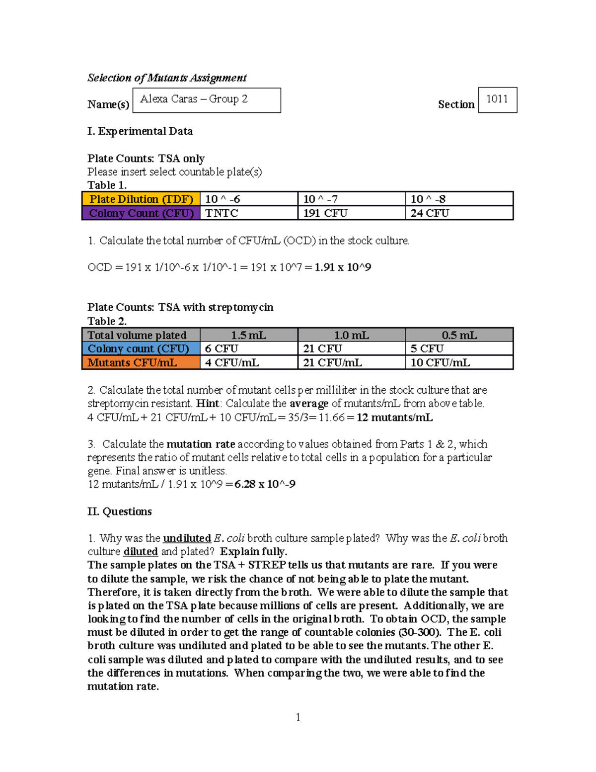 BIO 245 L Selection of Mutants Assignment IP - Selection of Mutants Assignment Name(s) Section I ...