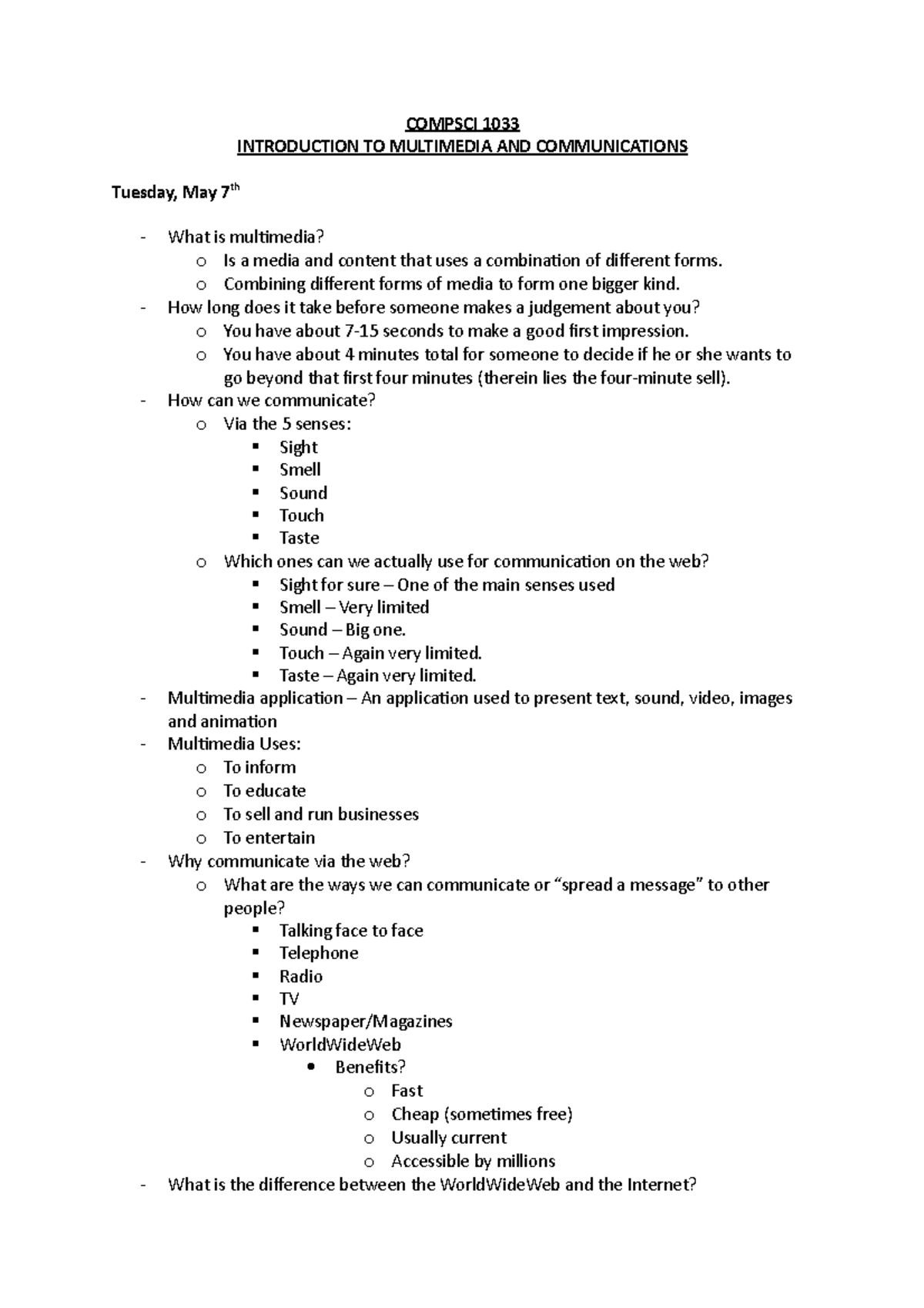 Notes - COMPSCI 1033 INTRODUCTION TO MULTIMEDIA AND COMMUNICATIONS ...