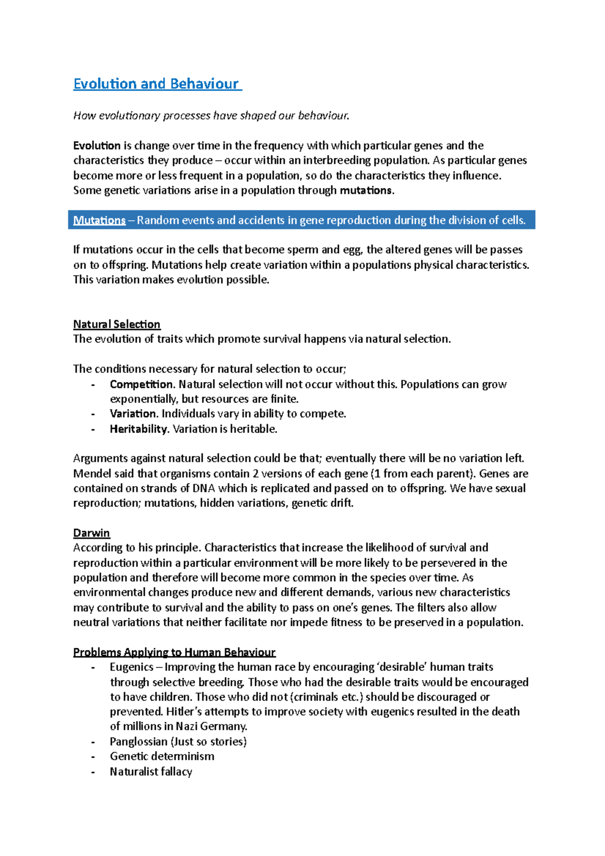 Evolution and Behaviour - All Notes Together - Evolution and Behaviour ...