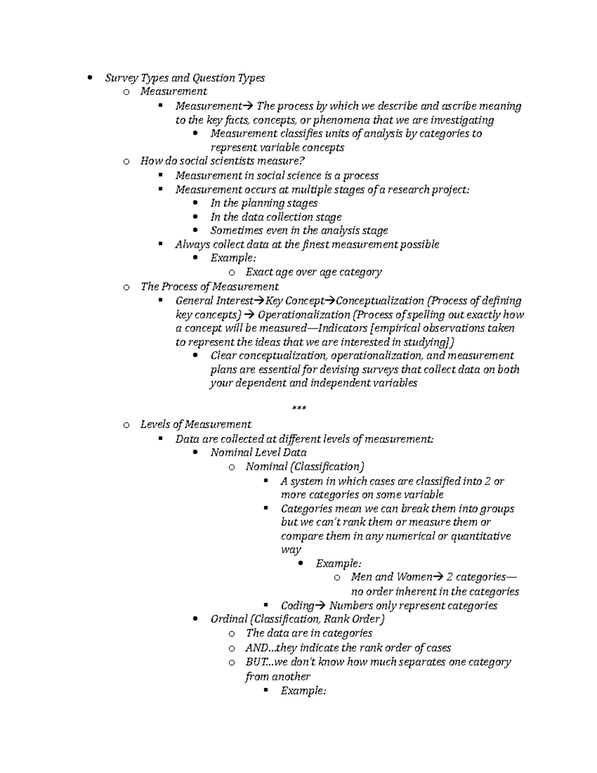 Final study guide - Survey Types and Question Types o Measurement The ...