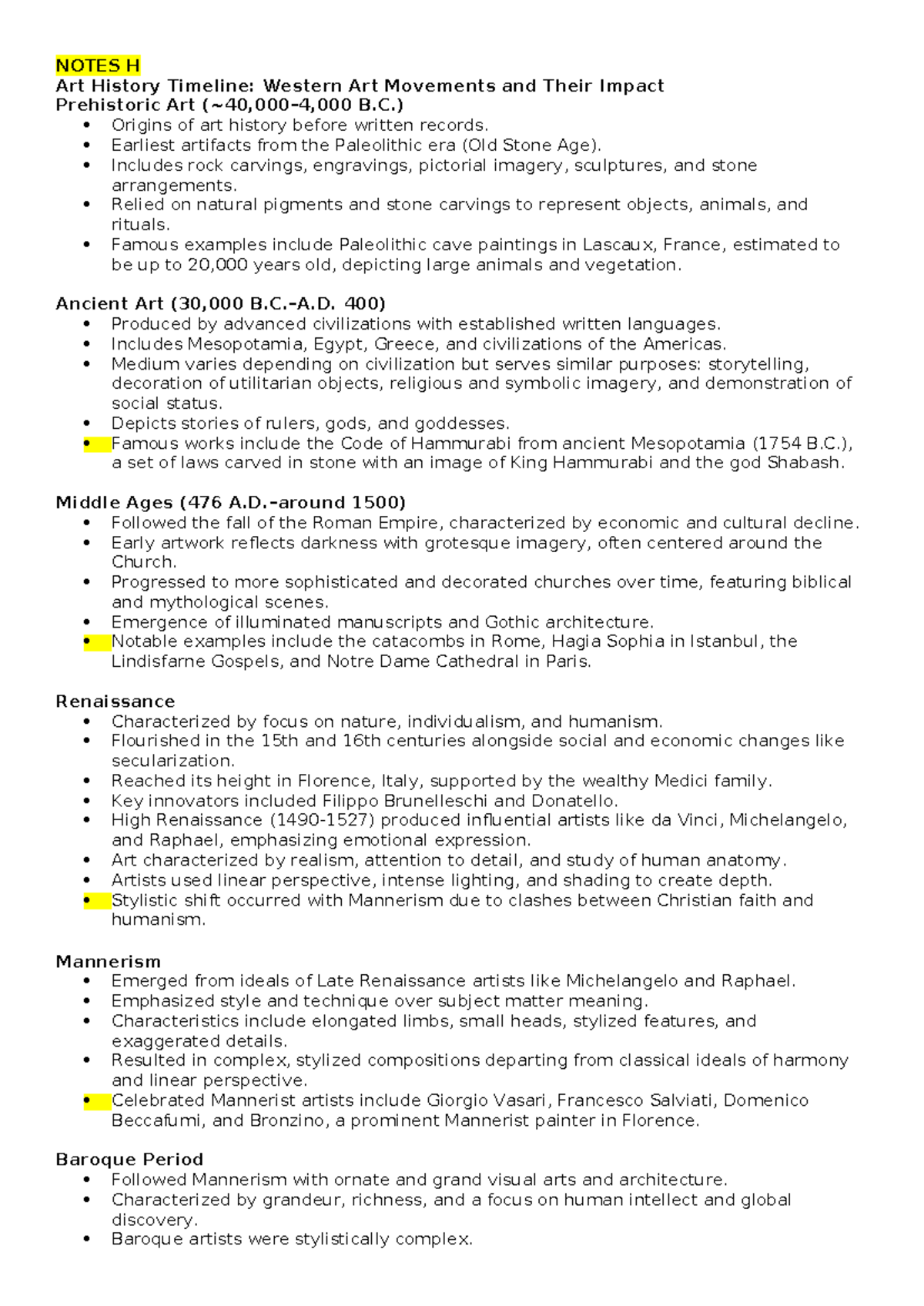 Abrea-MAPE-203 - NOTES H Art History Timeline: Western Art Movements ...