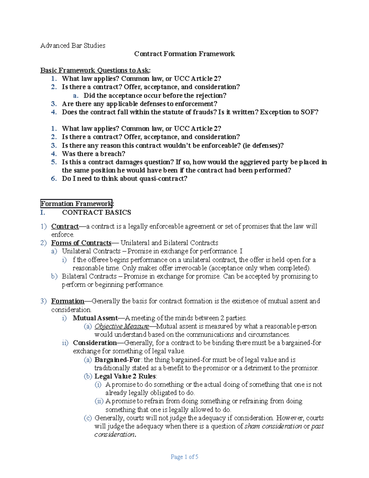 Contract Framework-Adv. Bar Studies - Advanced Bar Studies Contract Formation Framework Basic ...