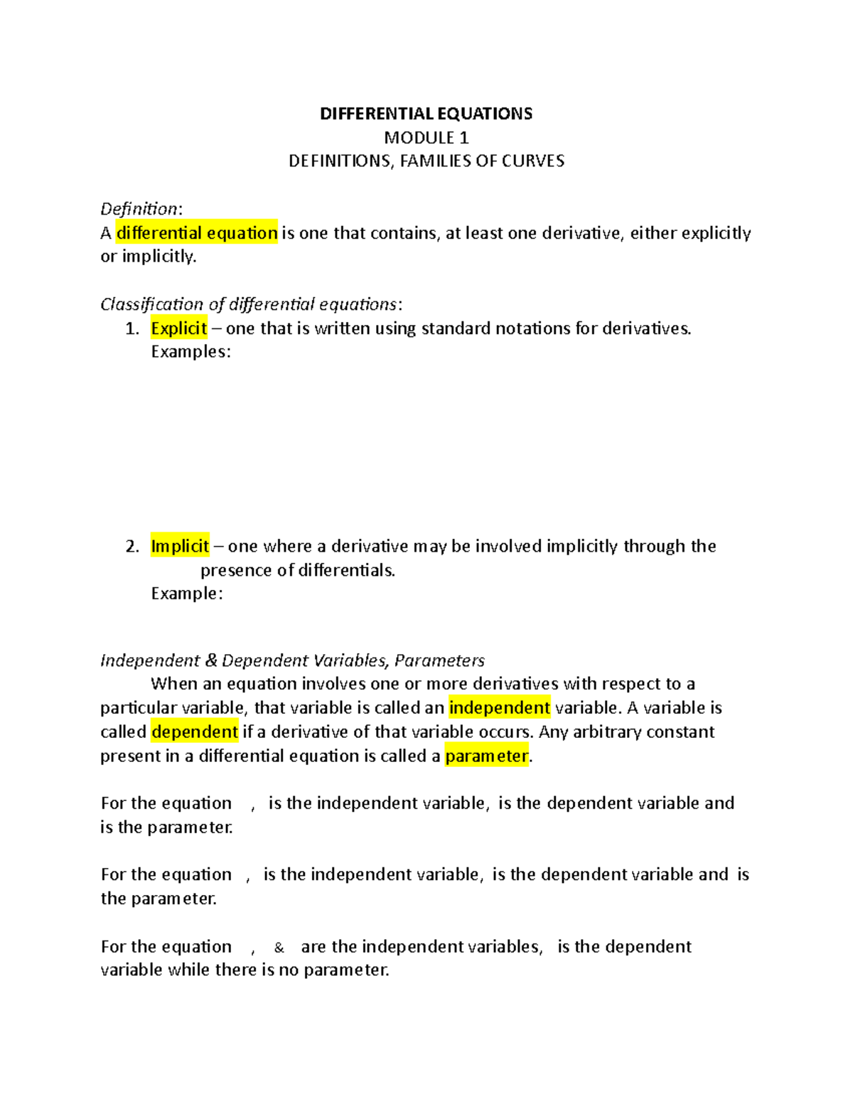 Module 1a Dif Eq - n/a - DIFFERENTIAL EQUATIONS MODULE 1 DEFINITIONS ...