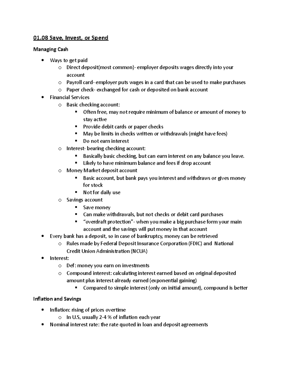 1.08 save invest or spend - 01 Save, Invest, or Spend Managing Cash · Ways to get paid o Direct ...