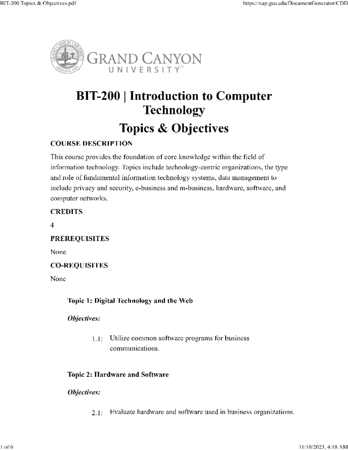 BIT-200 Topics & Objectives - BIT-200 | Introduction to Computer Technology Topics & Objectives ...