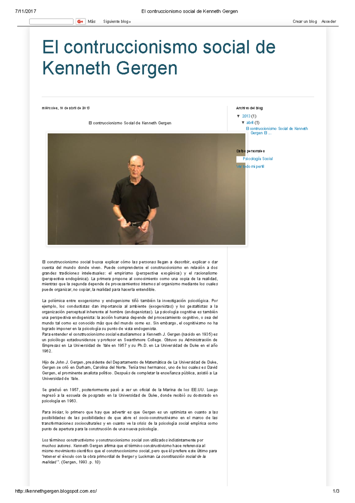 El contruccionismo social de Kenneth Gergen - 7/11/2017 El ...