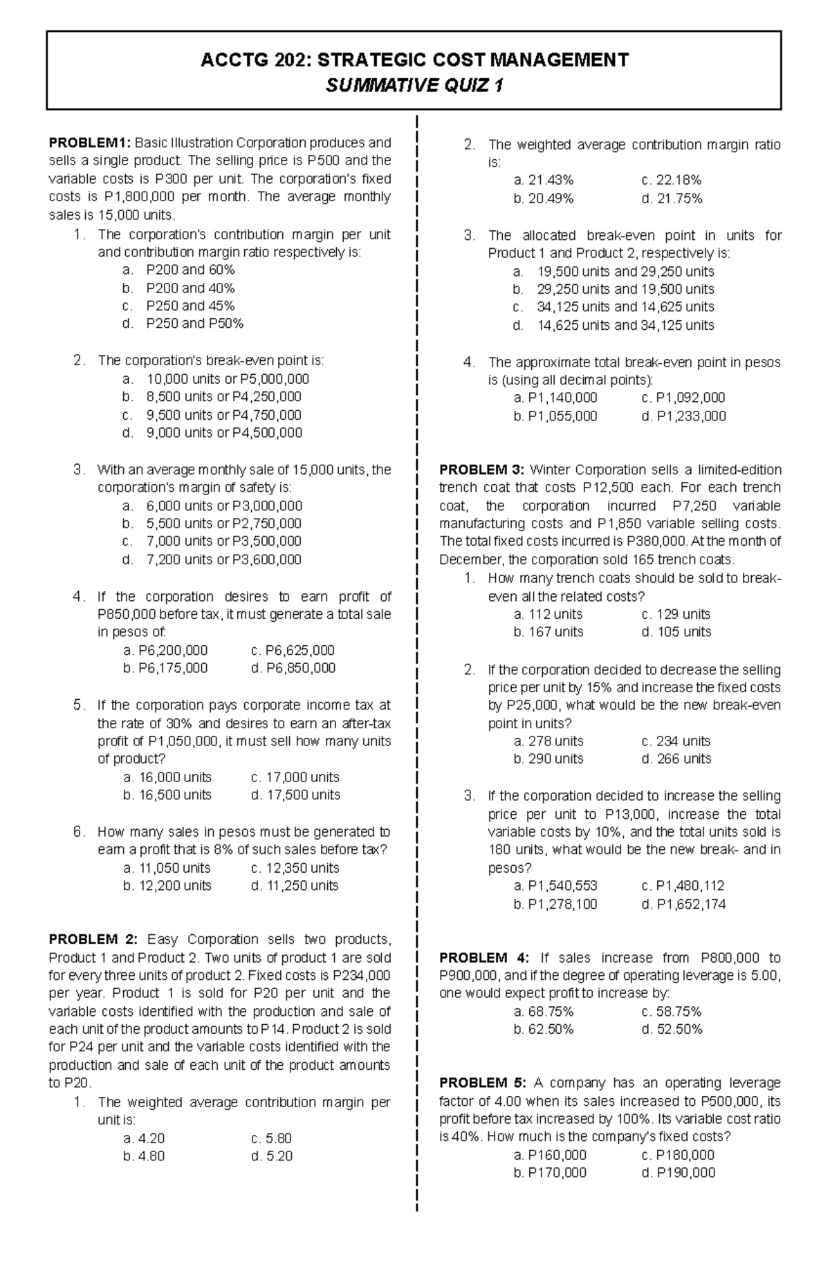 Acctg 202 Quiz 1 - Reference guide - ACCTG 202: STRATEGIC COST ...