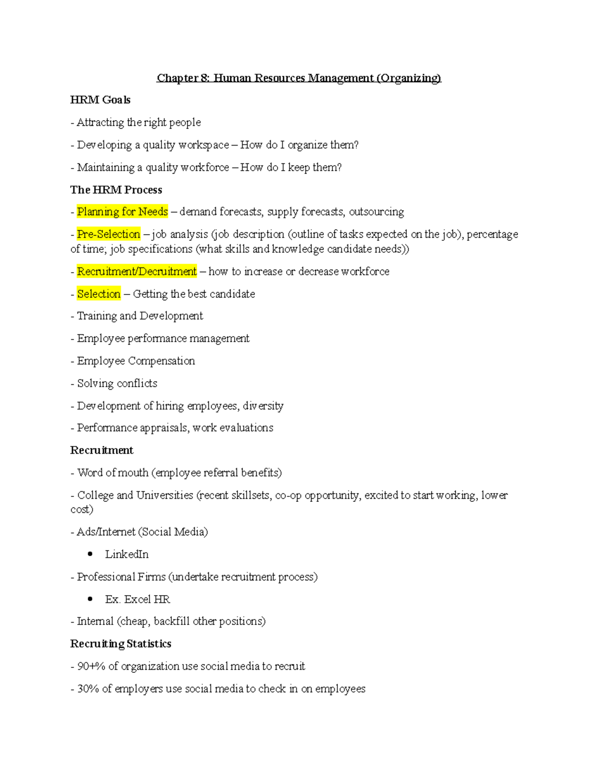 ADM 1300 Chapter 8 notes - Chapter 8: Human Resources Management ...