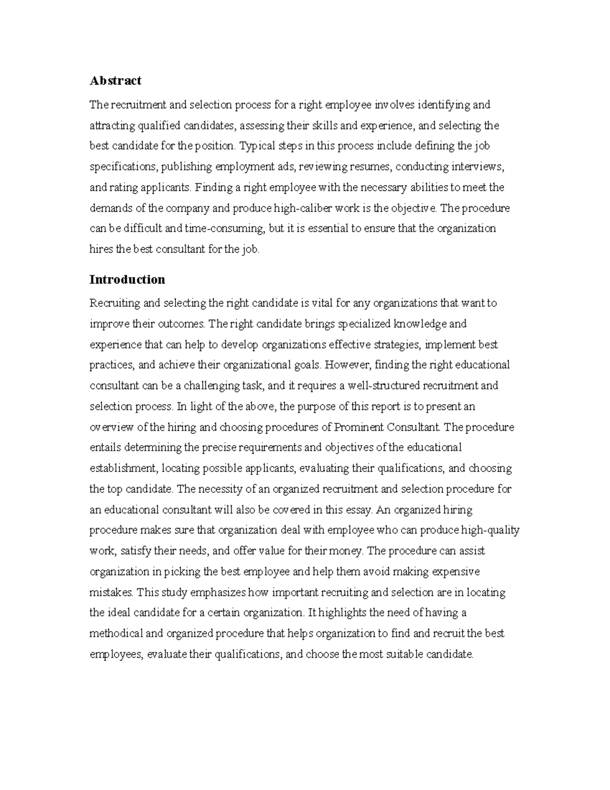 HRM-301 - Abstract The recruitment and selection process for a right ...