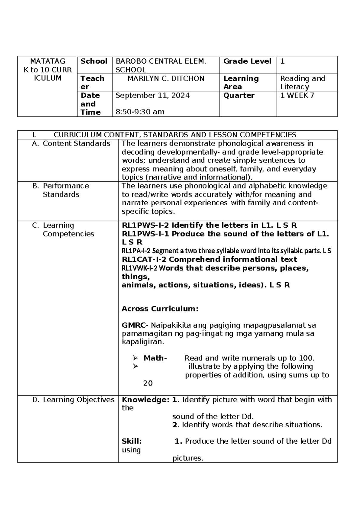 1ST CO Matatag lesson plan Reading and Literacy Q1 - MATATAG K to 10 ...
