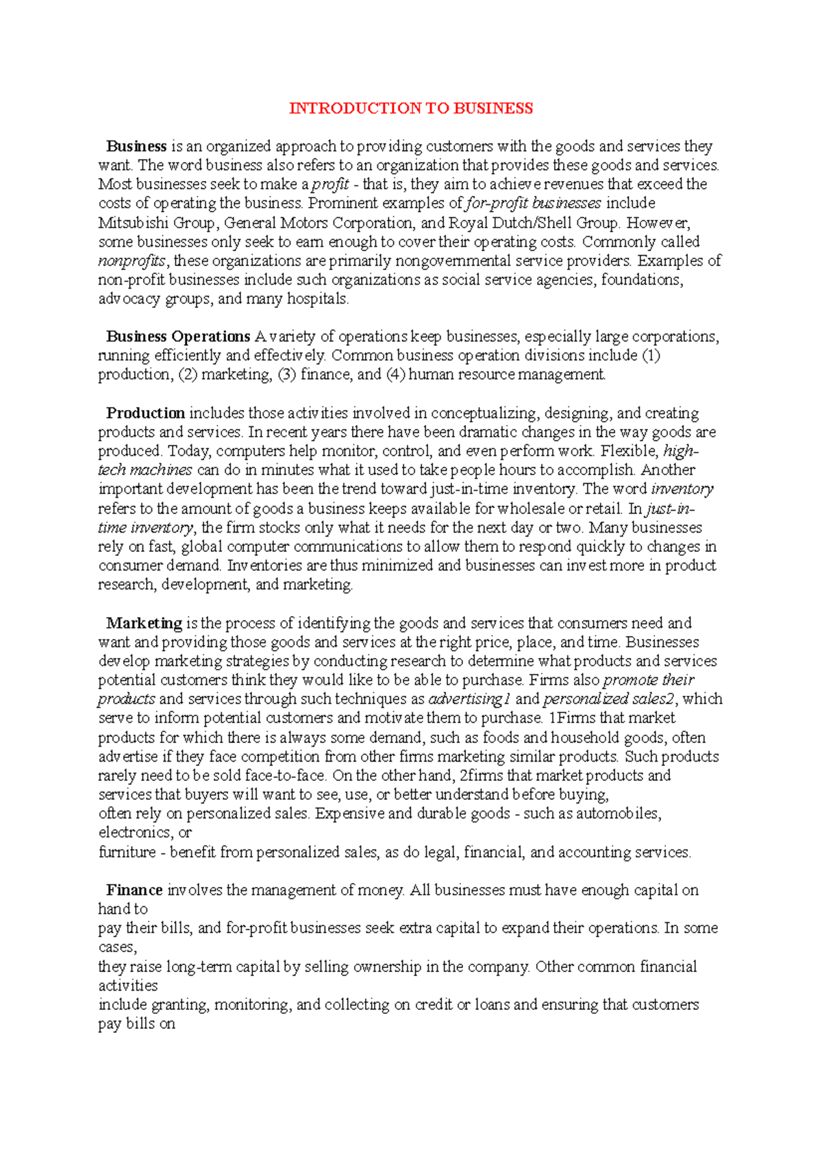 Introduction TO Business - INTRODUCTION TO BUSINESS Business is an ...