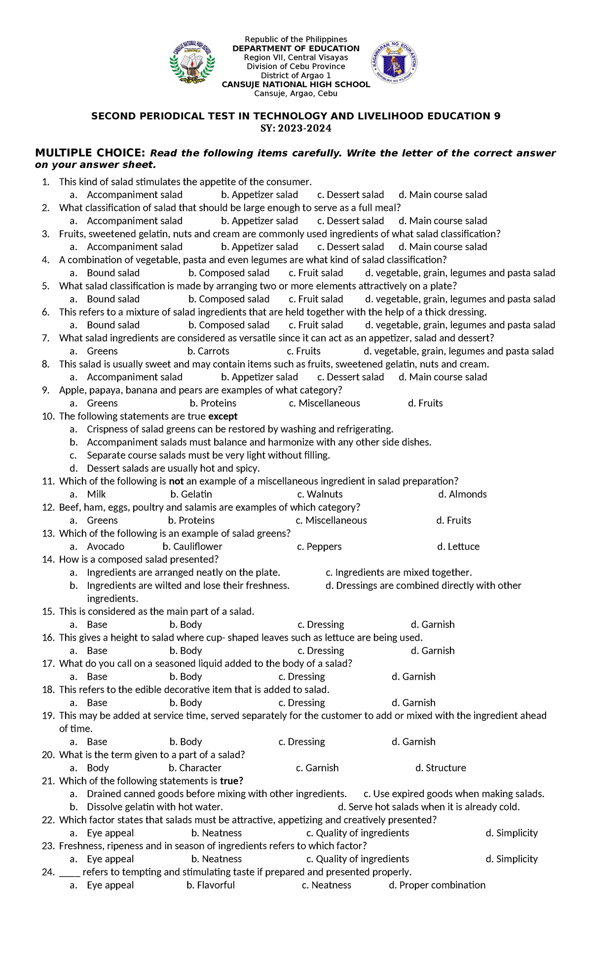 Cookery 9 q2 - test questionnaire - Republic of the Philippines ...