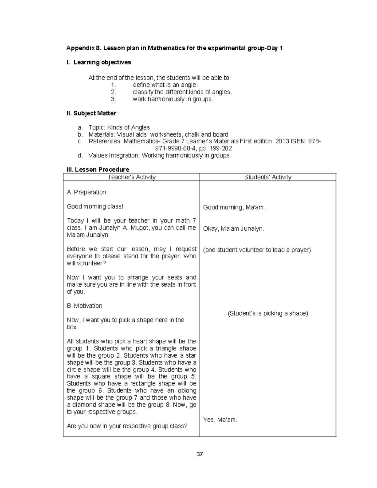Appendix 8. LP for exp. group-day 1 - Appendix 8. Lesson plan in ...