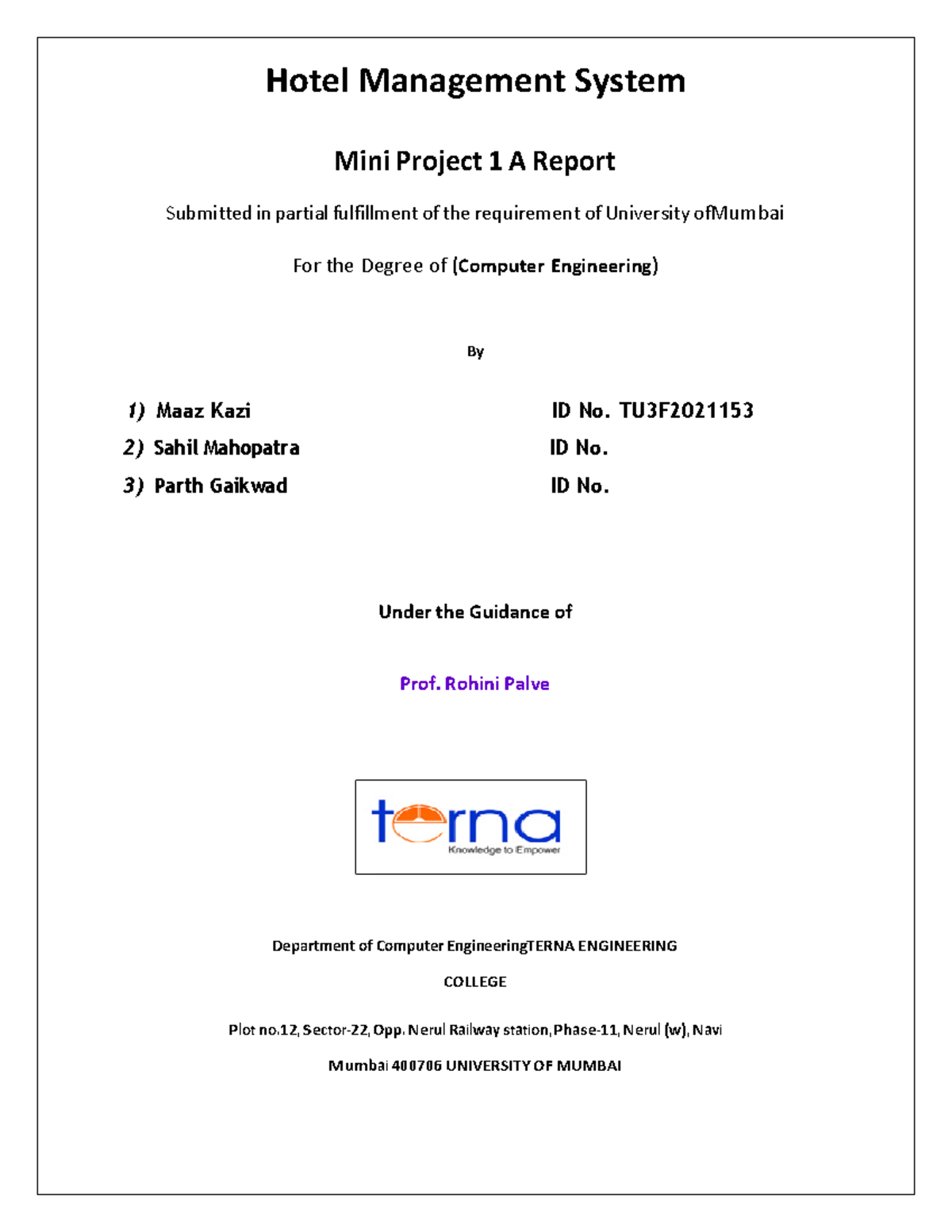 Hotel Management System - TU3F ####### 2) Sahil Mahopatra ID No ...