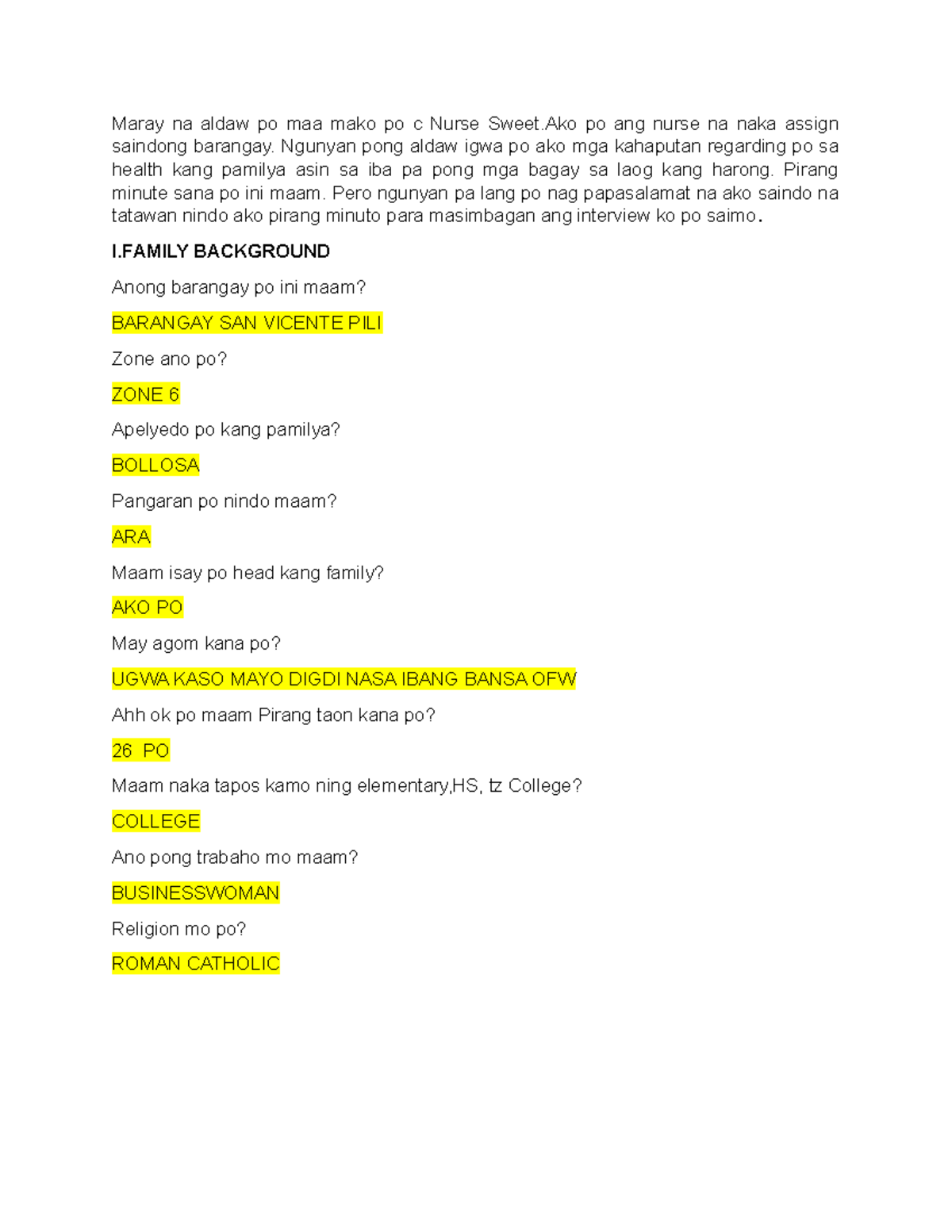 Interview Guide 11 - none - Maray na aldaw po maa mako po c Nurse Sweet ...