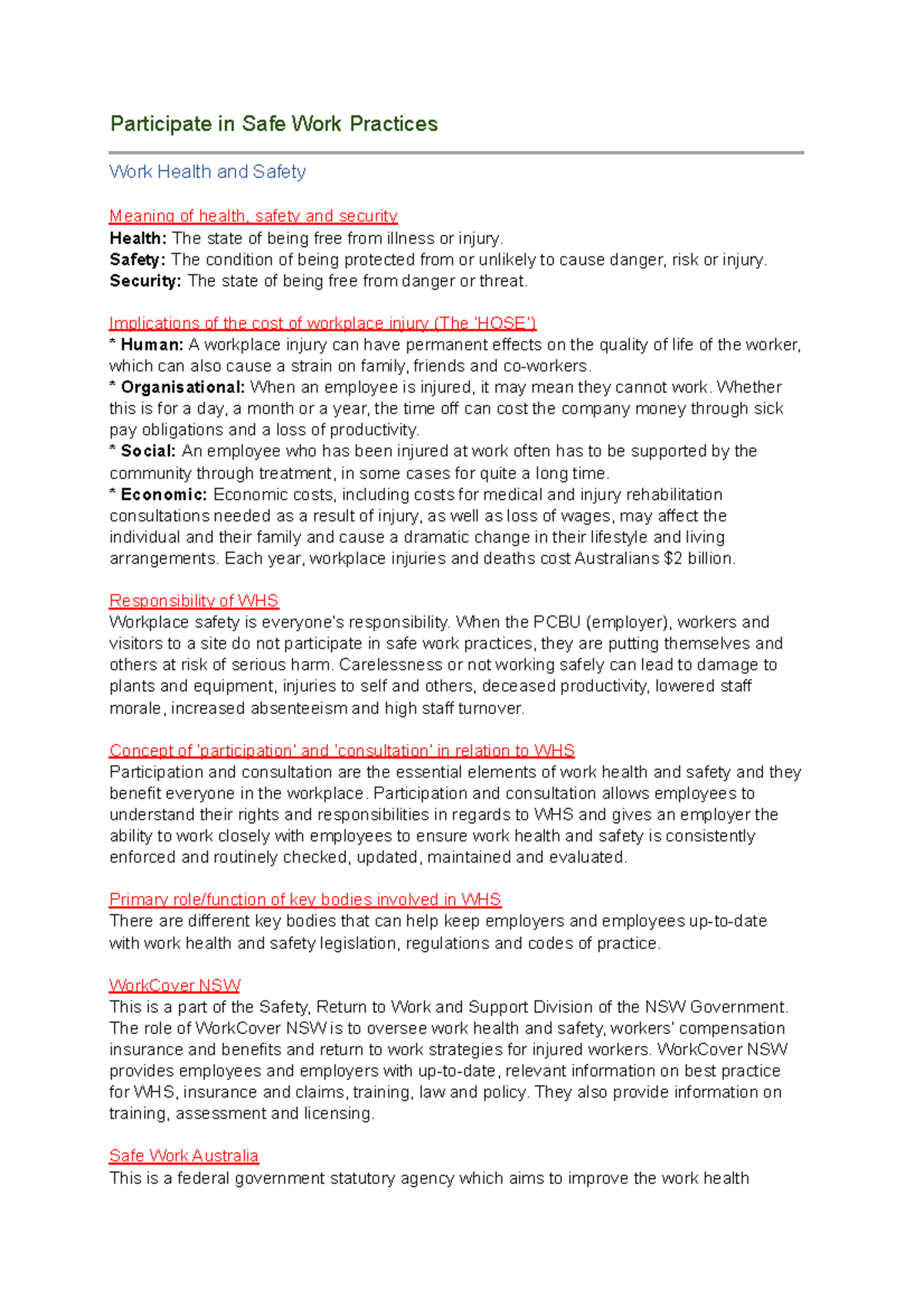 Safety - hospitality year 12 notes - Participate in Safe Work Practices ...