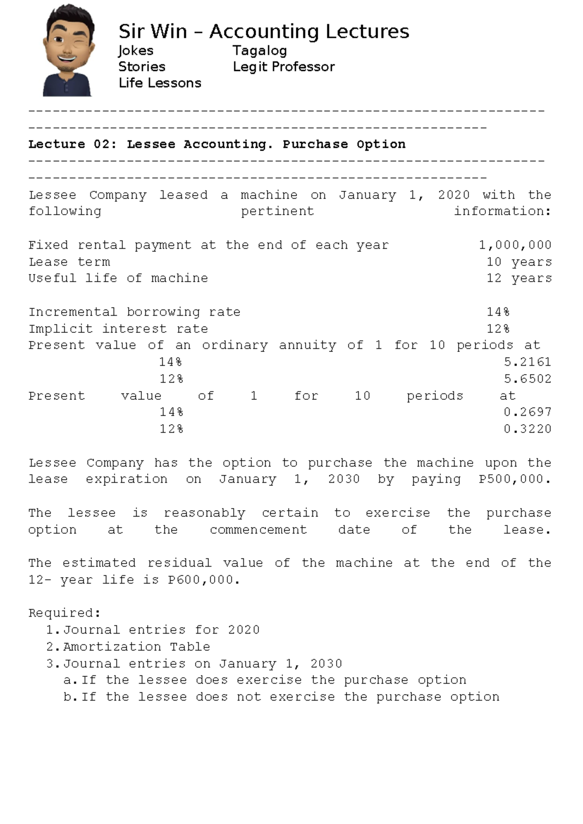 Lecture 02 Lessee Accounting Purchase Option - Sir Win – Accounting ...
