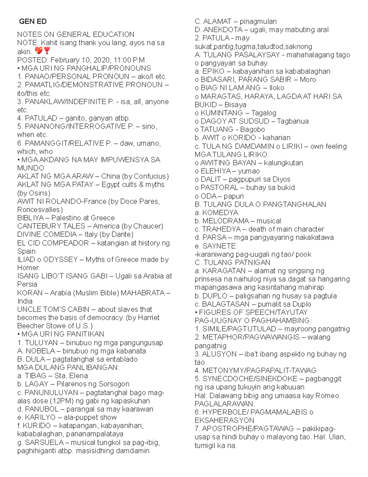 GEN ED - Reviewer - GEN ED NOTES ON GENERAL EDUCATION NOTE: Kahit isang ...