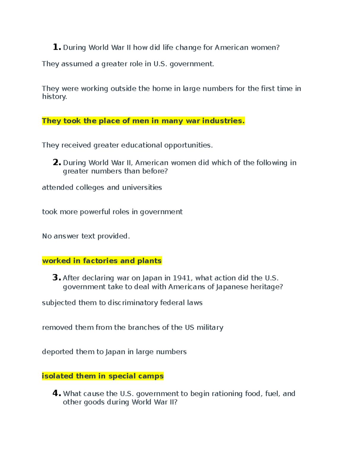 Quiz #5- Module 4 World War II - 1. During World War II how did life ...