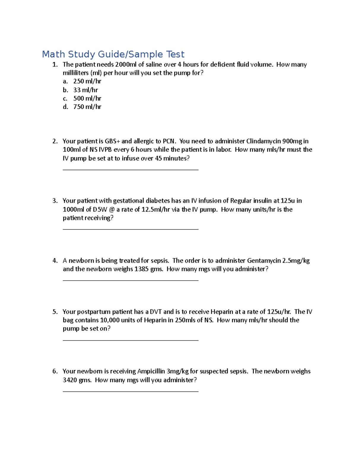 Math Study Guide UNLV OB - Nurs 101 - CSN - Studocu