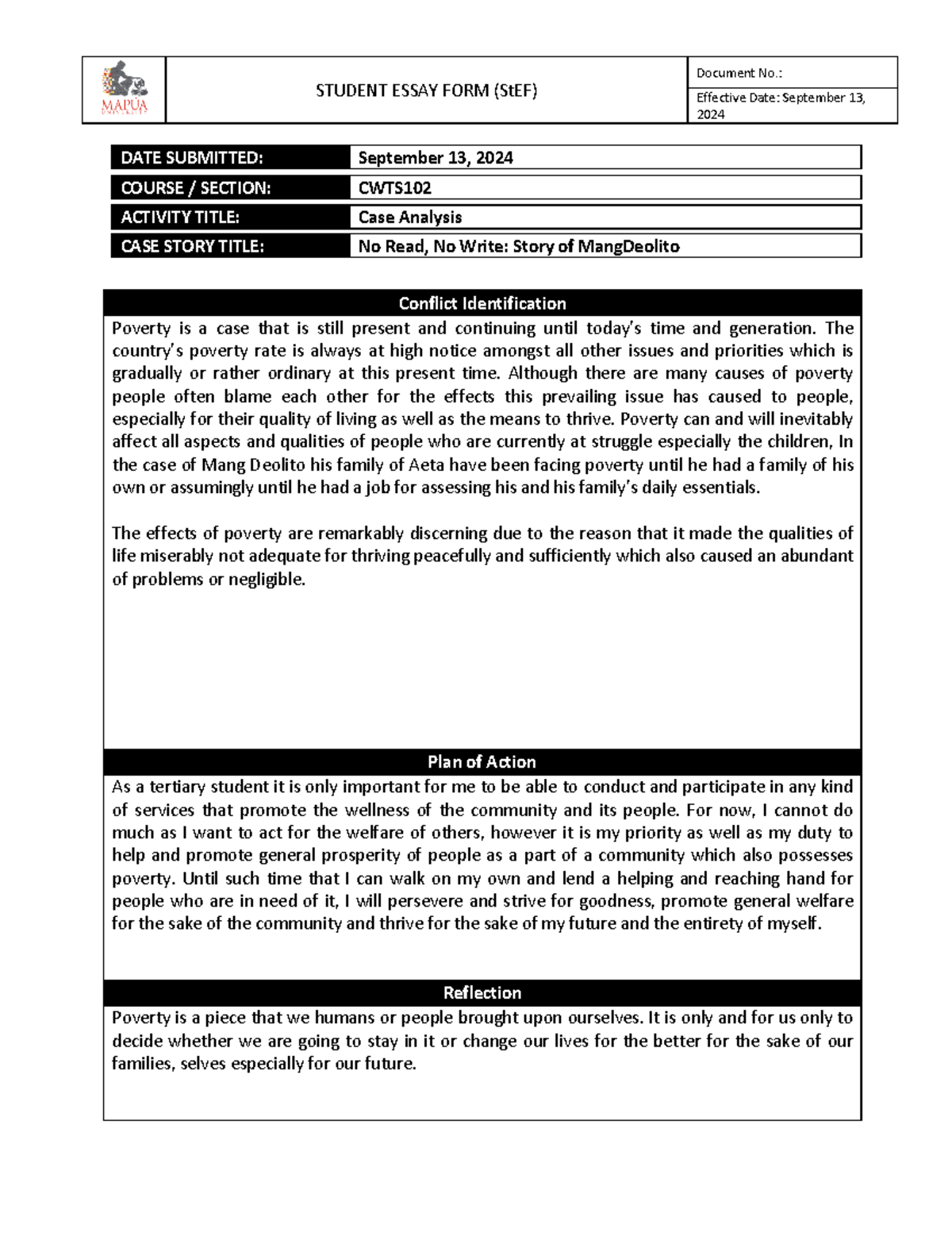 06-NSTP001-St EF-Case analysis Essay No Read, No Write - Story of Mang Deolito - STUDENT ESSAY ...