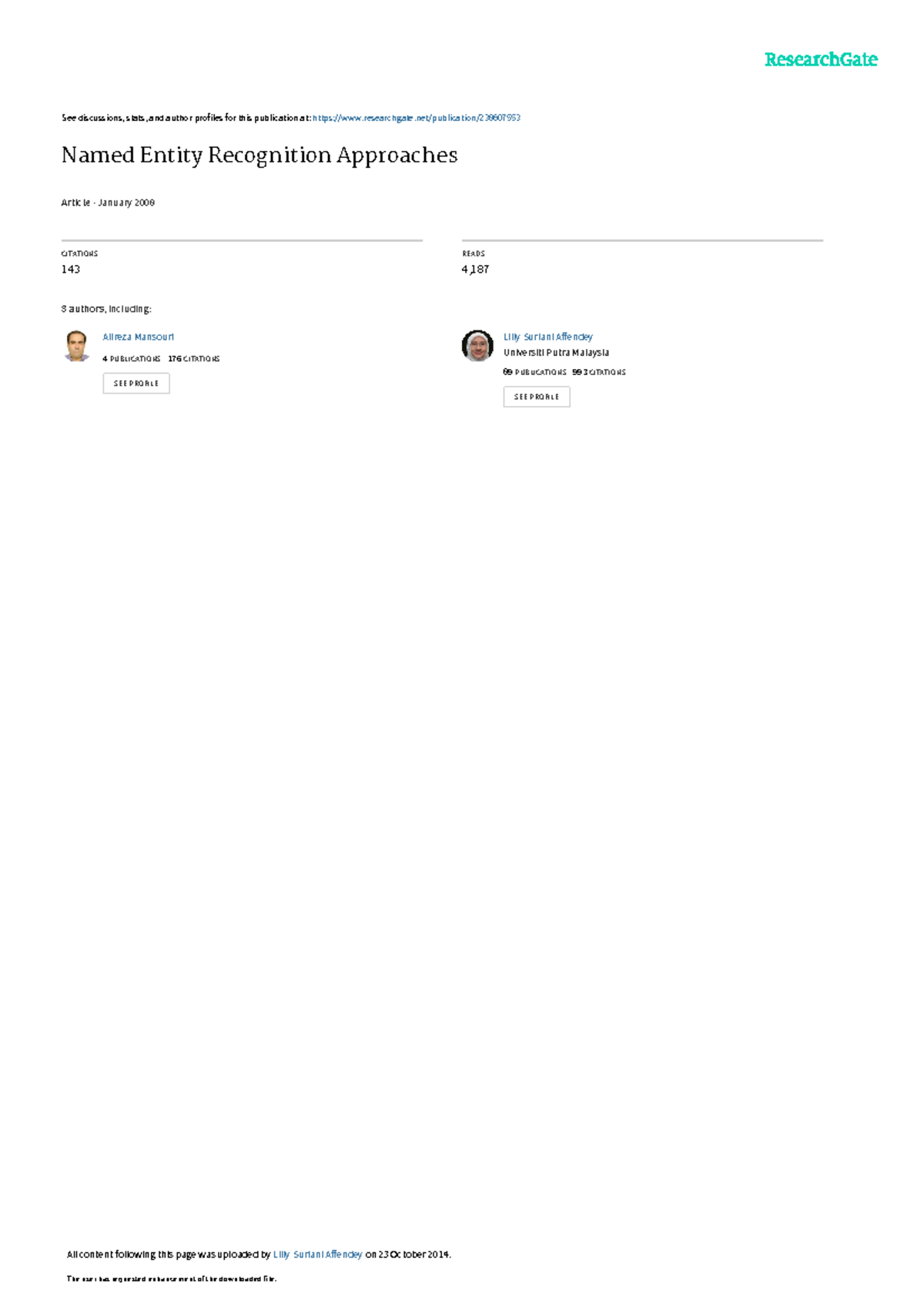 Named Entity Recognition Approaches - See discussions, stats, and author profiles for this - Studocu