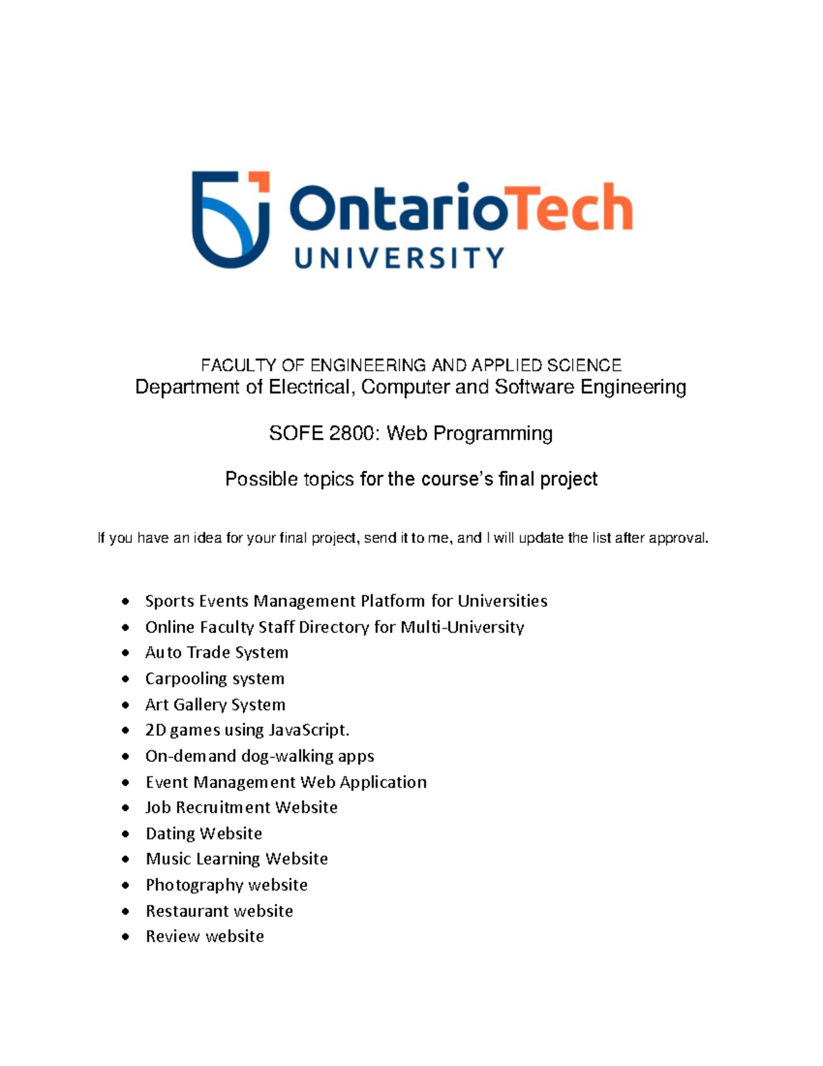 Final Project Topics - FACULTY OF ENGINEERING AND APPLIED SCIENCE ...