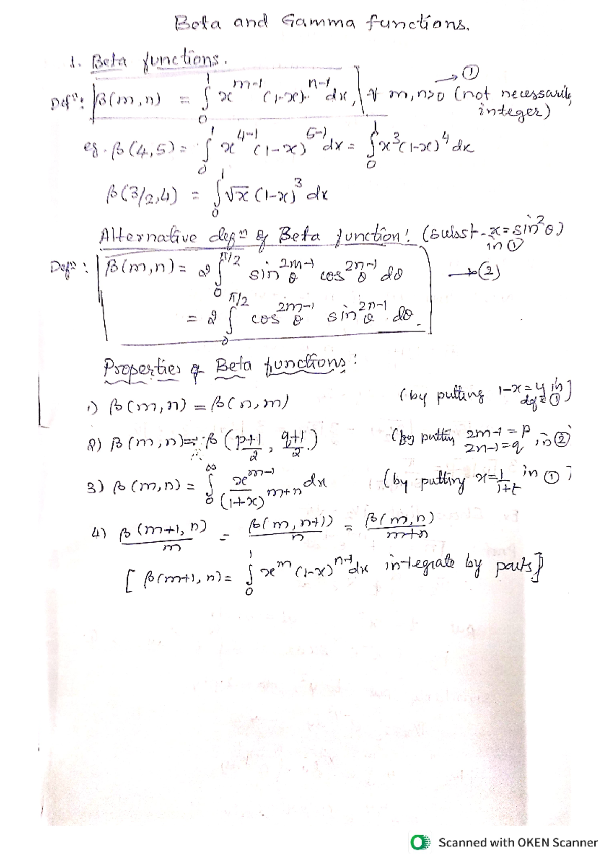 Beta and Gamma function - 1. Beta functions. 1 x V m, nso (not necessarily integer) es(4,5) dx ...