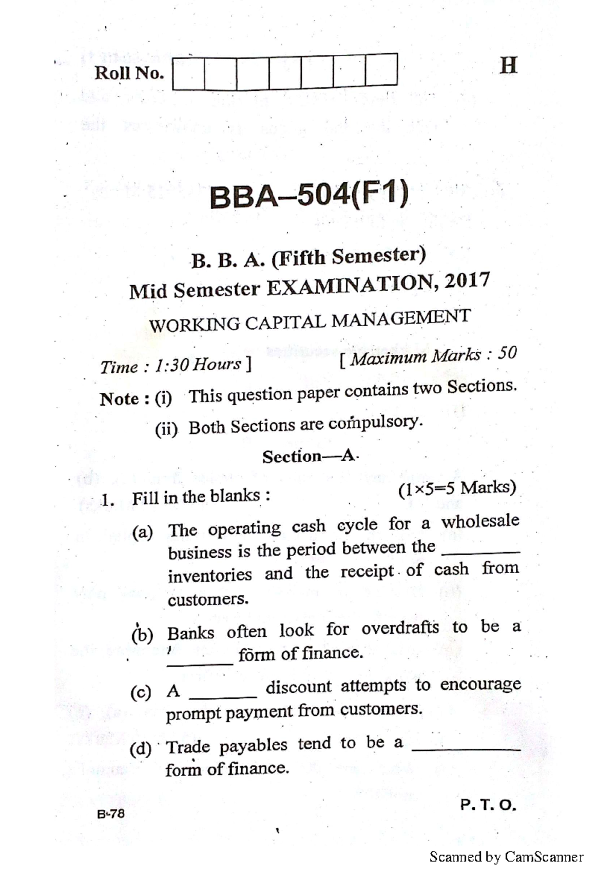 BBA-504(F1) (Mid) semester question paper - Human resource management ...
