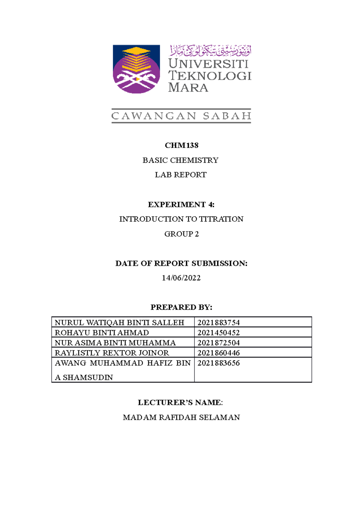 LAB Report Experiment 4 ( Group 2) - CHM BASIC CHEMISTRY LAB REPORT ...