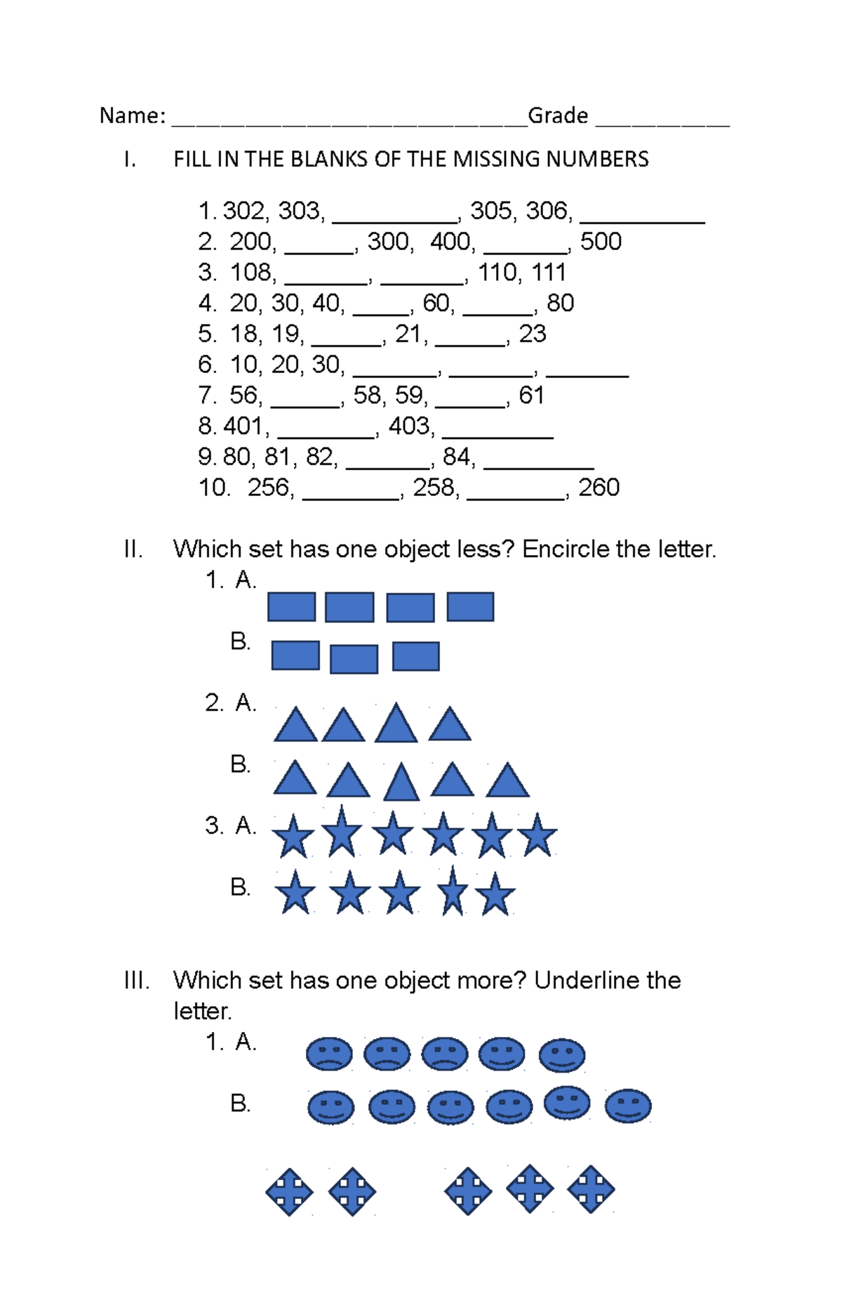 MATH Review 1 - Math Grade 1 possible questions - Name ...