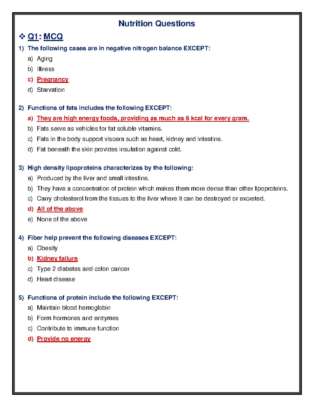 Nutrition Questions - Physiology - Nutrition Questions Q1: MCQ The ...