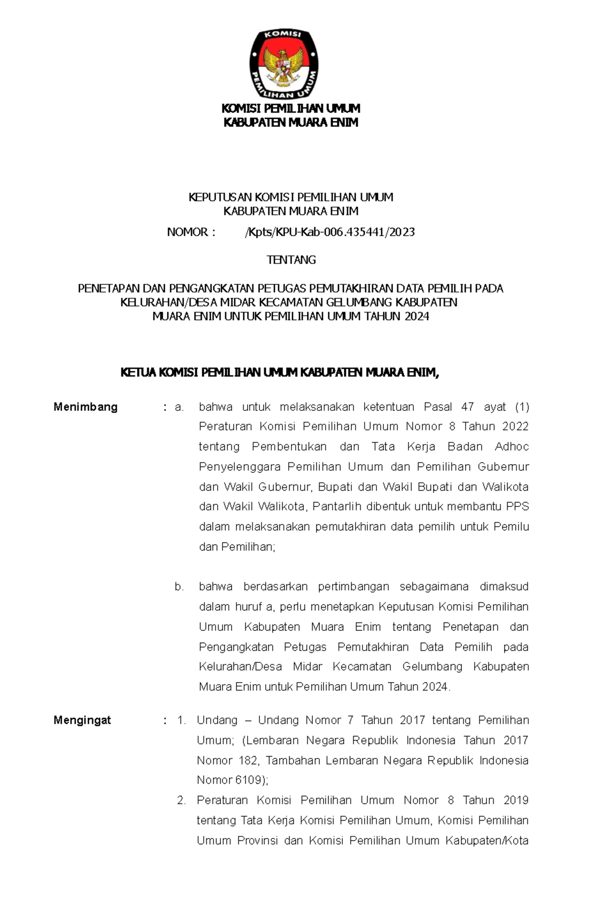 Tamplate SK Pantarlih - ;kdj;ksdj;kd - KOMISI PEMILIHAN UMUM KABUPATEN MUARA ENIM KEPUTUSAN ...