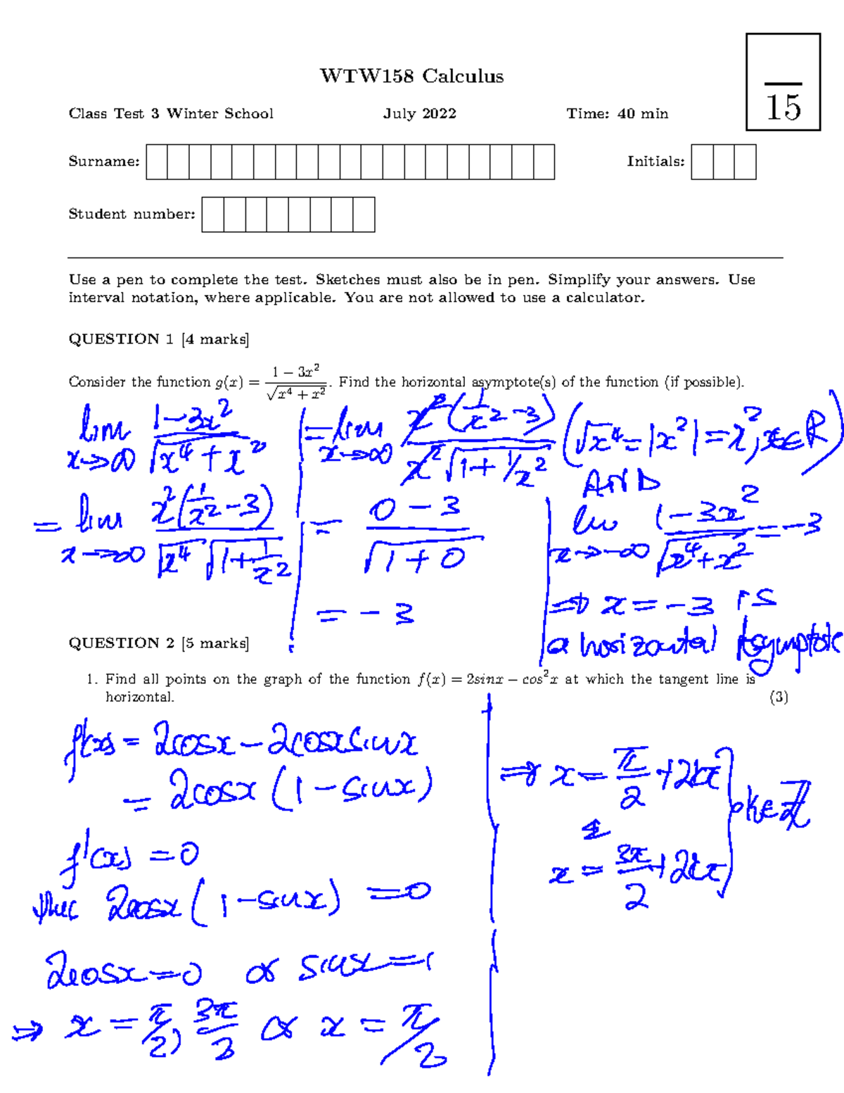 CT 3 WS Memo - Class test memos that were written in WTW 158 Winter ...