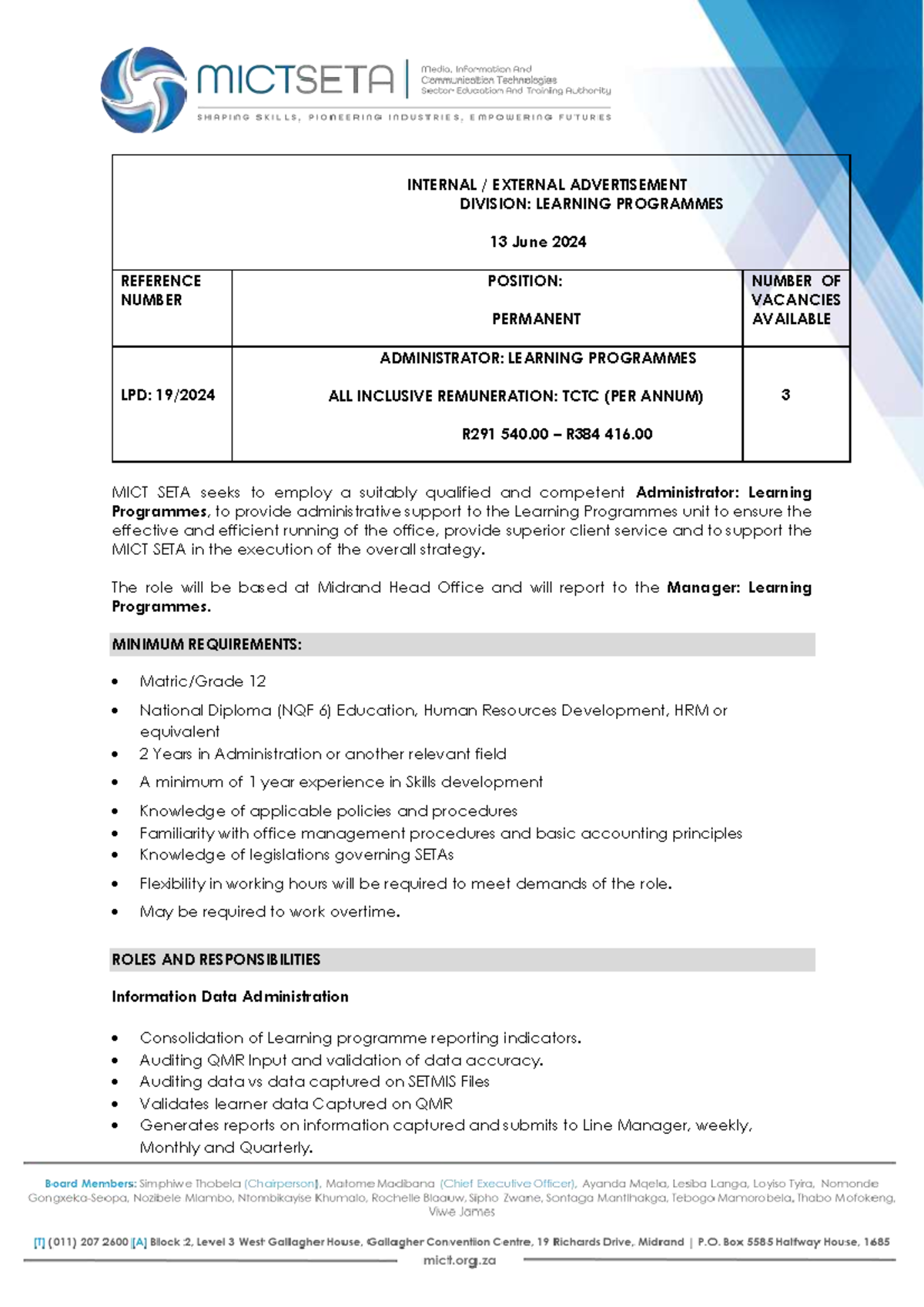 Advert Administrator-Learning-Programmes-Ref-LPD-192024 - MICT SETA seeks to employ a suitably ...