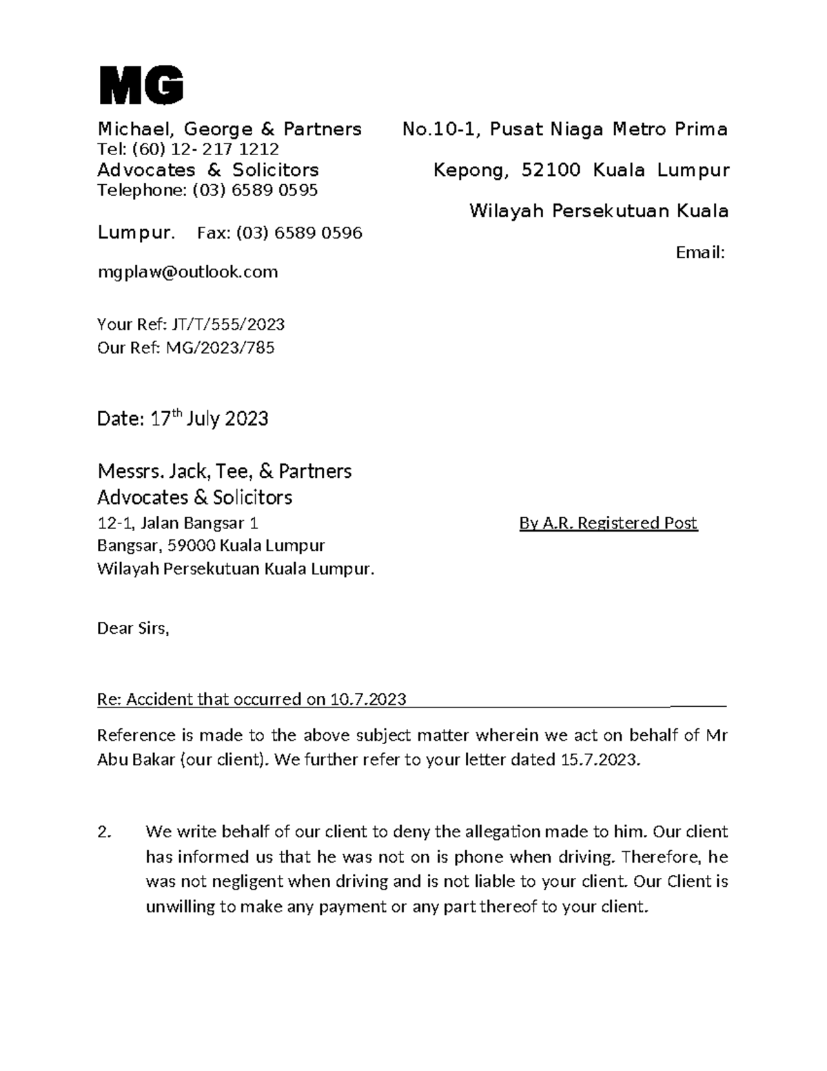 Letter of Reply - MG Michael, George & Partners No-1, Pusat Niaga Metro ...