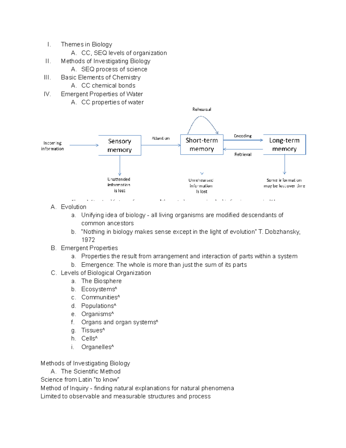 Bio notes - I. Themes in Biology A. CC, SEQ levels of organization II ...