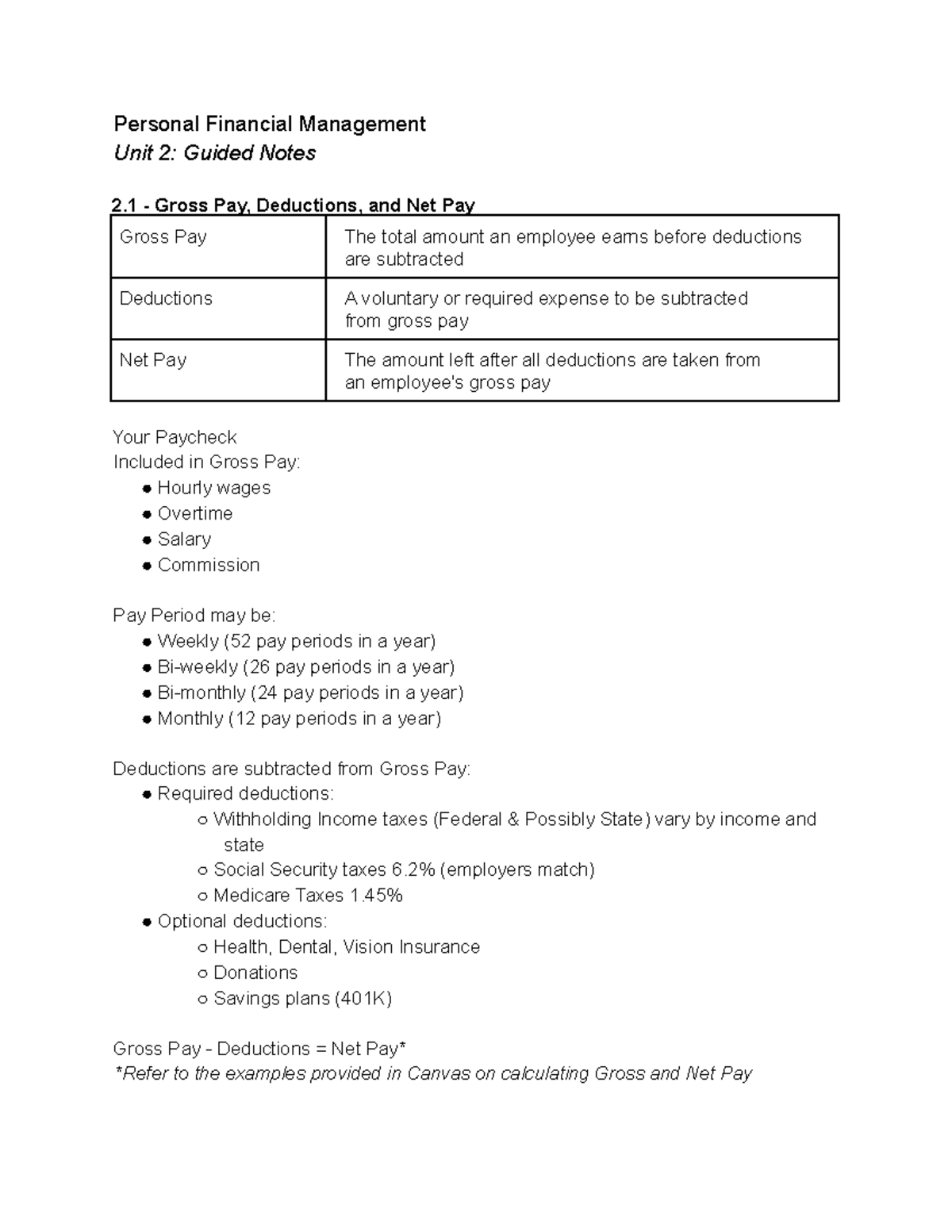 Unit 2 Guided Notes - Personal Financial Management Unit 2: Guided ...