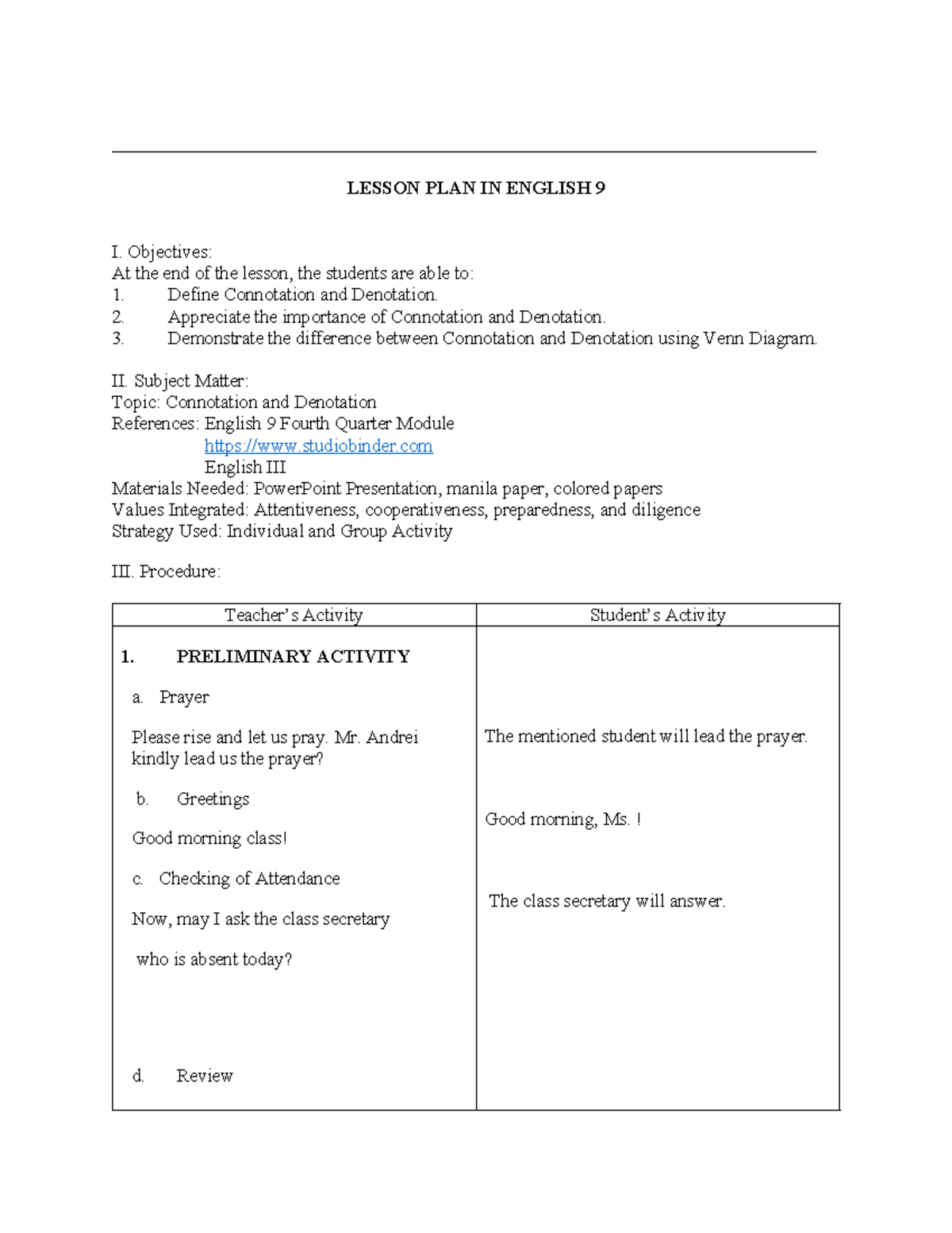LP IN English 9 - DLP majoring - LESSON PLAN IN ENGLISH 9 I. Objectives ...