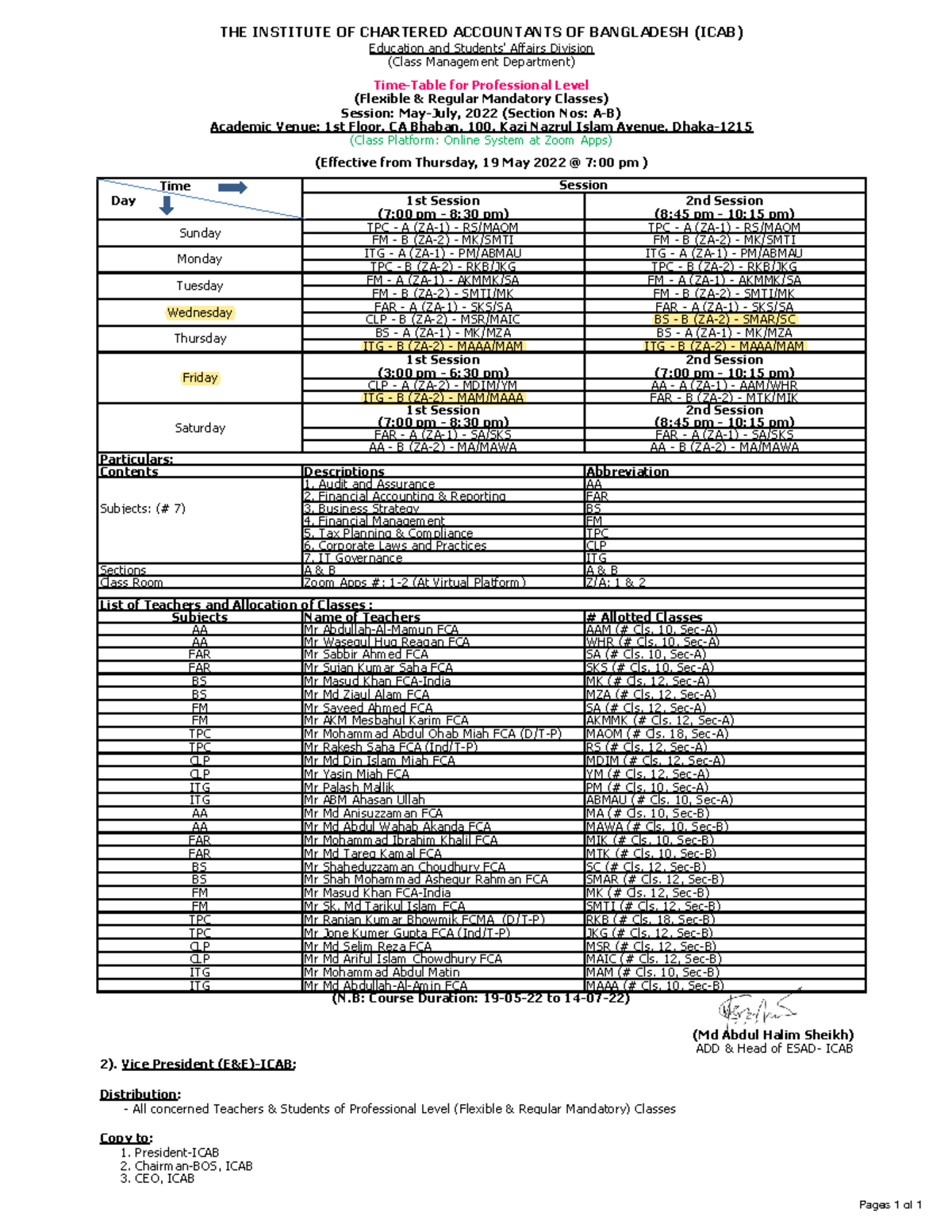 (Set-1), Time Table for PL Classes (Session, May-July-22)[8103] - Time ...