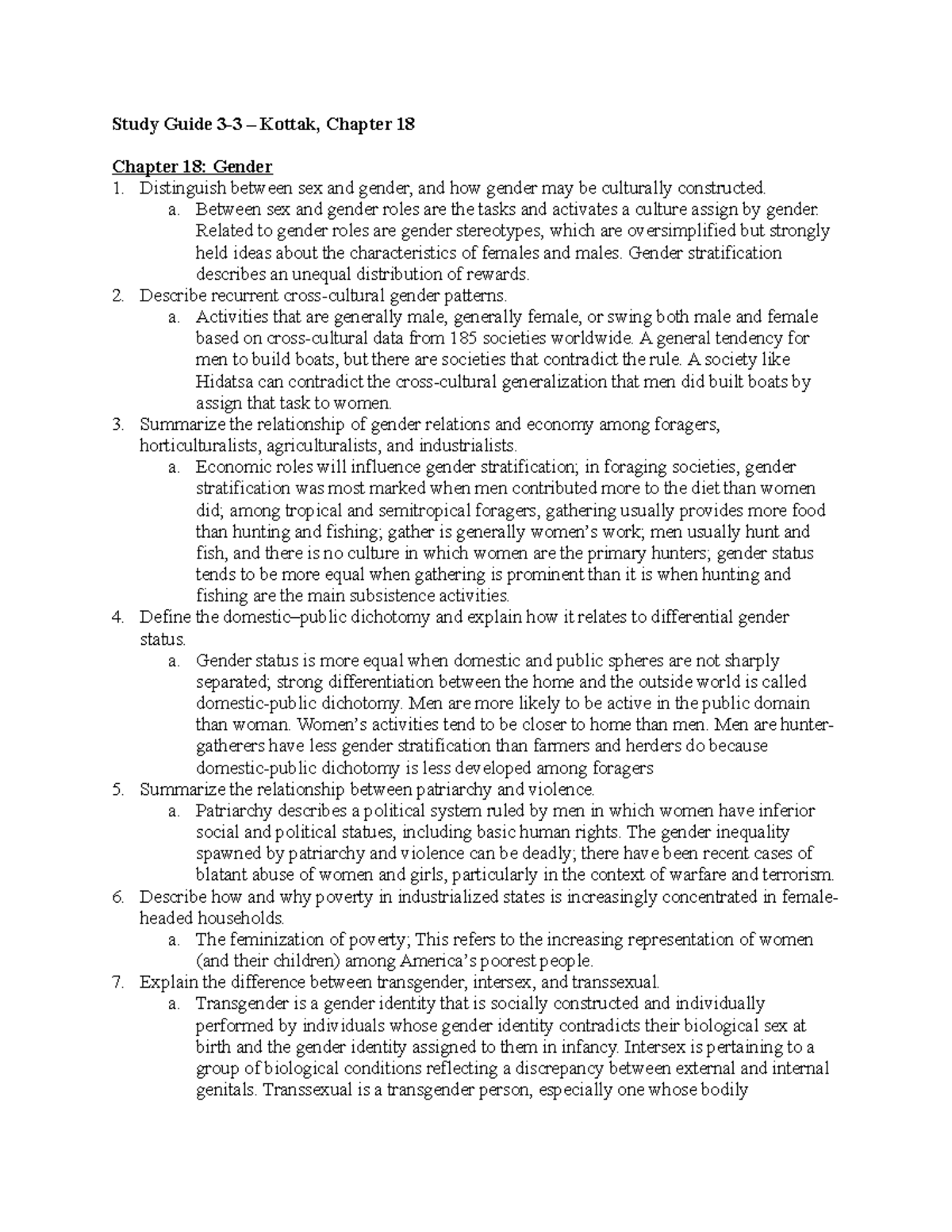 Study Guide 3-3 - a. Between sex and gender roles are the tasks and ...