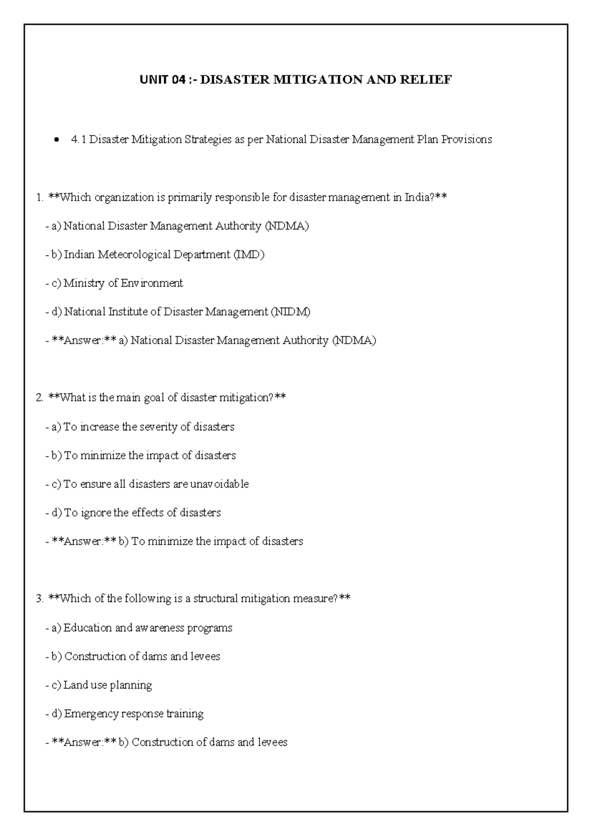 DM UNIT 04 - MCQ of Disaster management - UNIT 0 4 :- DISASTER ...