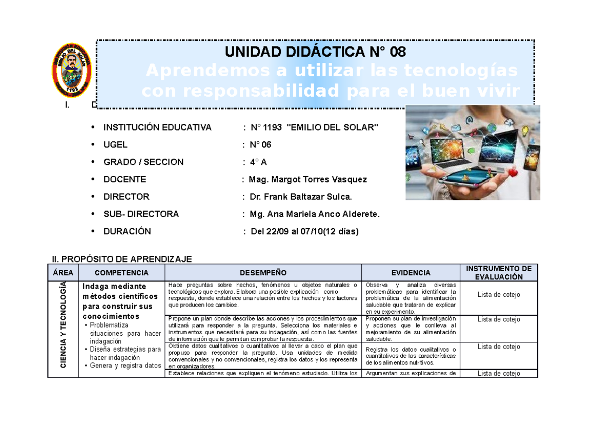 Unidad DE Aprendizaje N° 8 con refuerzo - I. DATOS INFORMATIVOS ...
