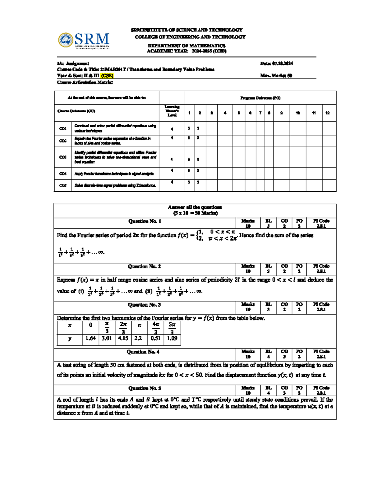 Math assignment 2 - SRM INSTITUTE OF SCIENCE AND TECHNOLOGY SRM COLLEGE OF ENGINEERING AND - Studocu