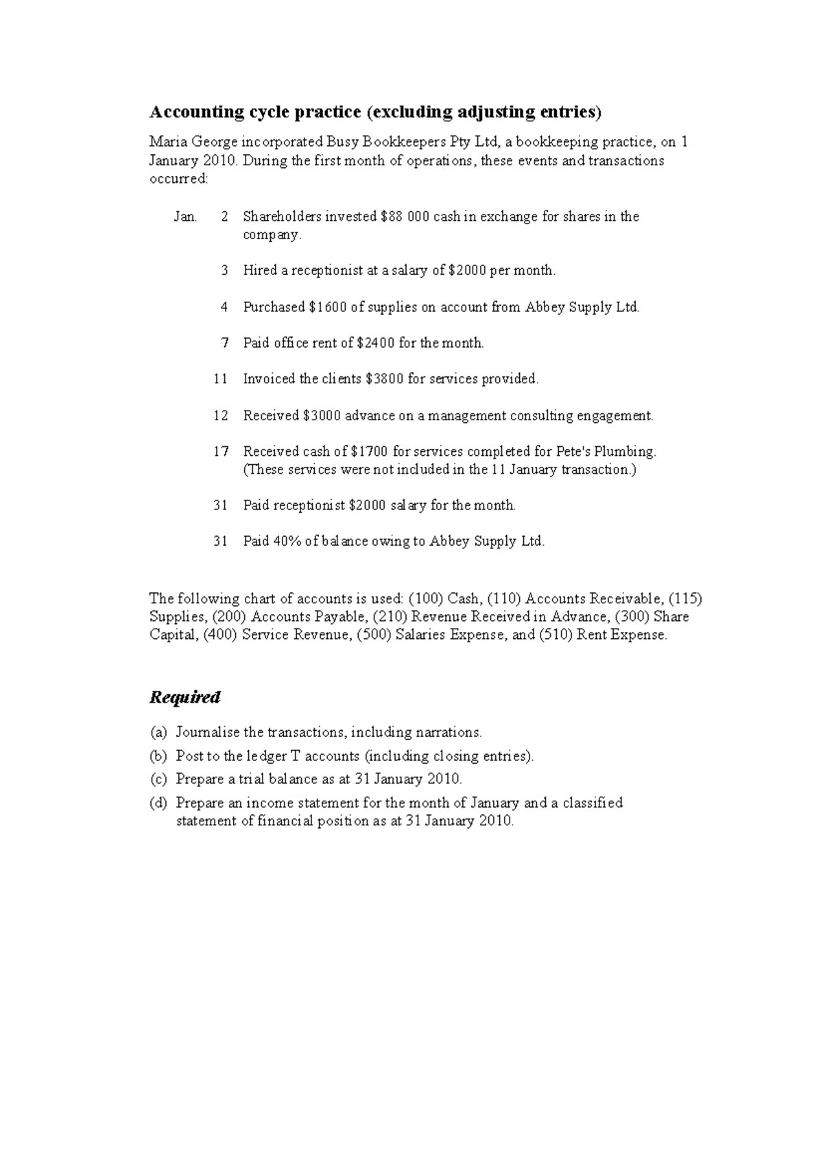 Accounting cycle extra practice - Accounting cycle practice (excluding ...