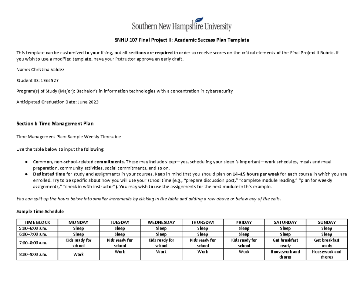 SNHU 107 Final Project II Academic Success Plan Template - Christina ...