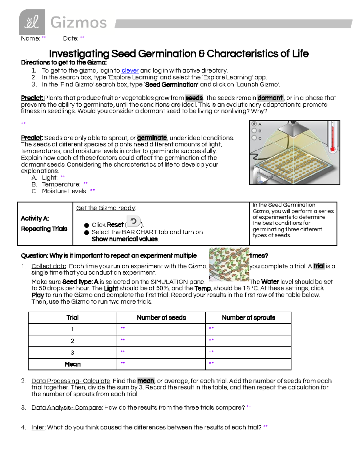 Honors Seed Germination investigation - Name: ** Date: ** Investigating ...