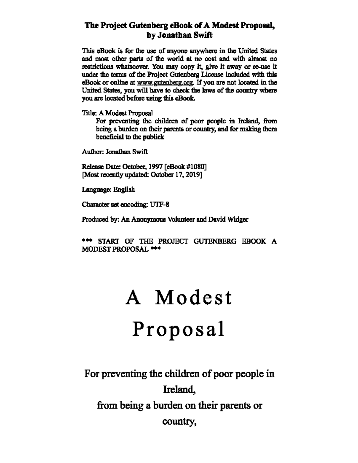 Swift A Modest Proposal - ENGL 251 - Studocu