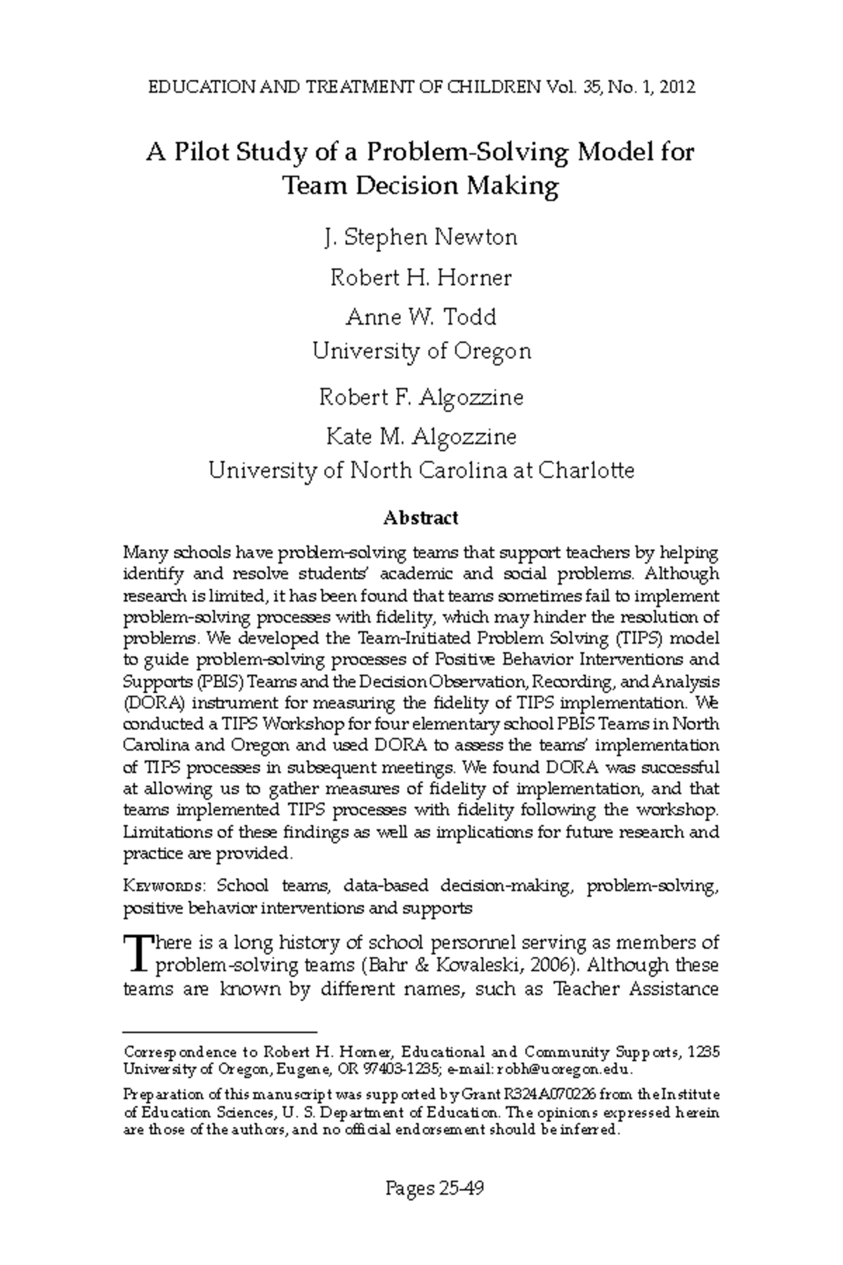 A Pilot Study of a Problem-Solving Model for Team Decision Making ...