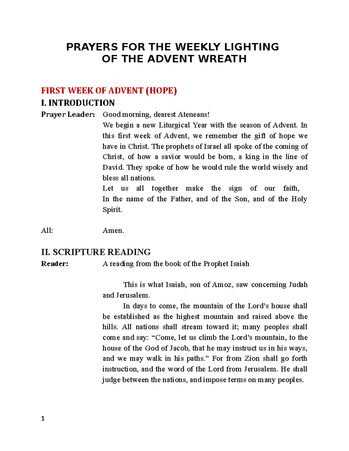 Week Lighting of Advent Prayers - PRAYERS FOR THE WEEKLY LIGHTING OF ...